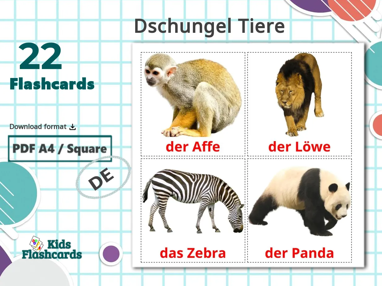 22 Printable Jungle animals Flashcards in German (Free PDF)