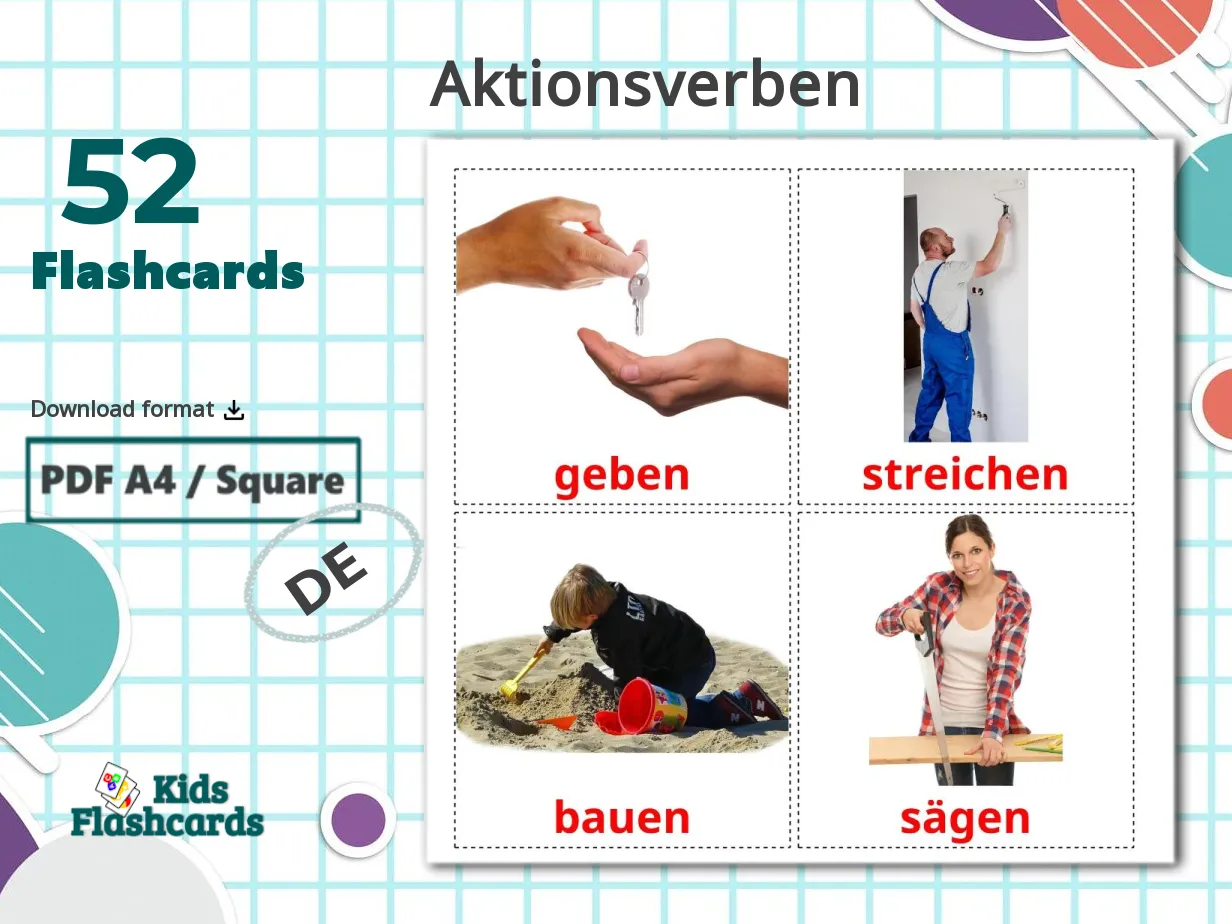 52 Printable Action verbs Flashcards in German (Free PDF)