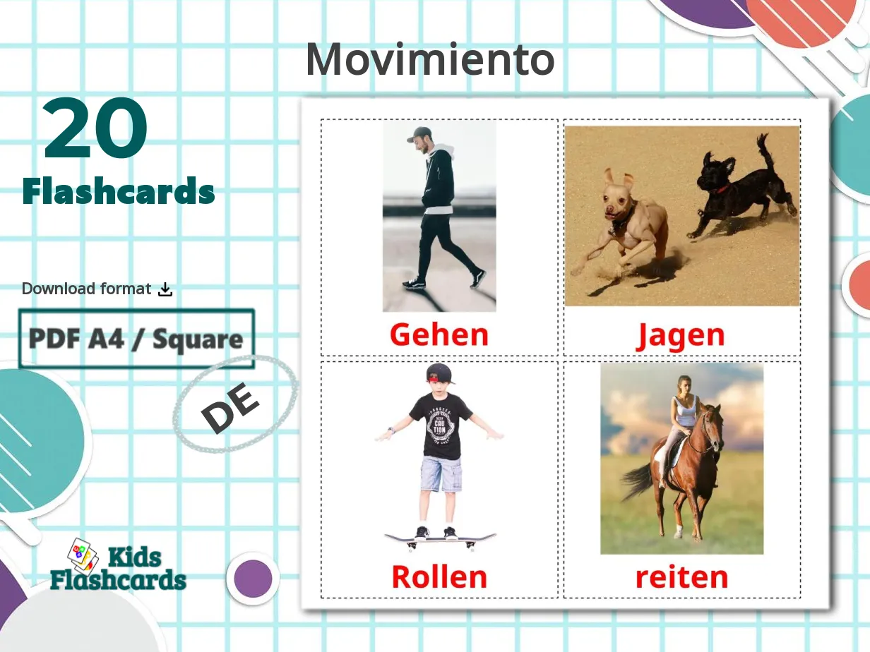 20 Printable Movement verbs Flashcards in German (Free PDF)