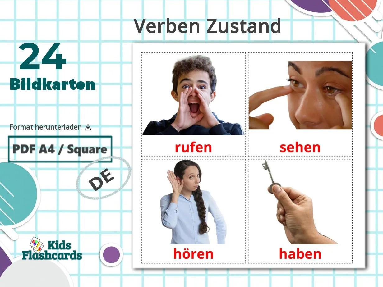 24 Verben Zustand Bildkarten in PDF | Deutsch Bilder