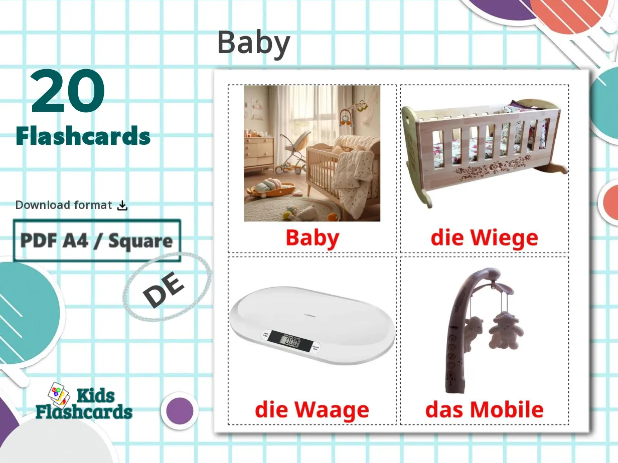 20 Printable Baby things Flashcards in German (Free PDF)