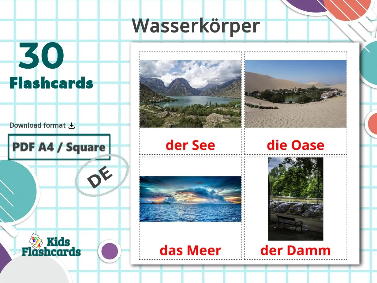 30 Printable Bodies of Water Flashcards in German (Free PDF)