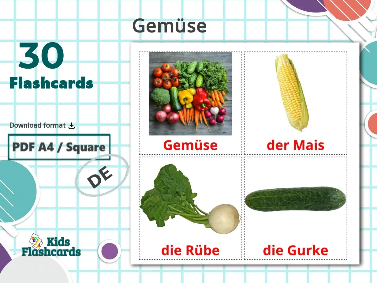 30 Printable Vegetables Flashcards in German (Free PDF)