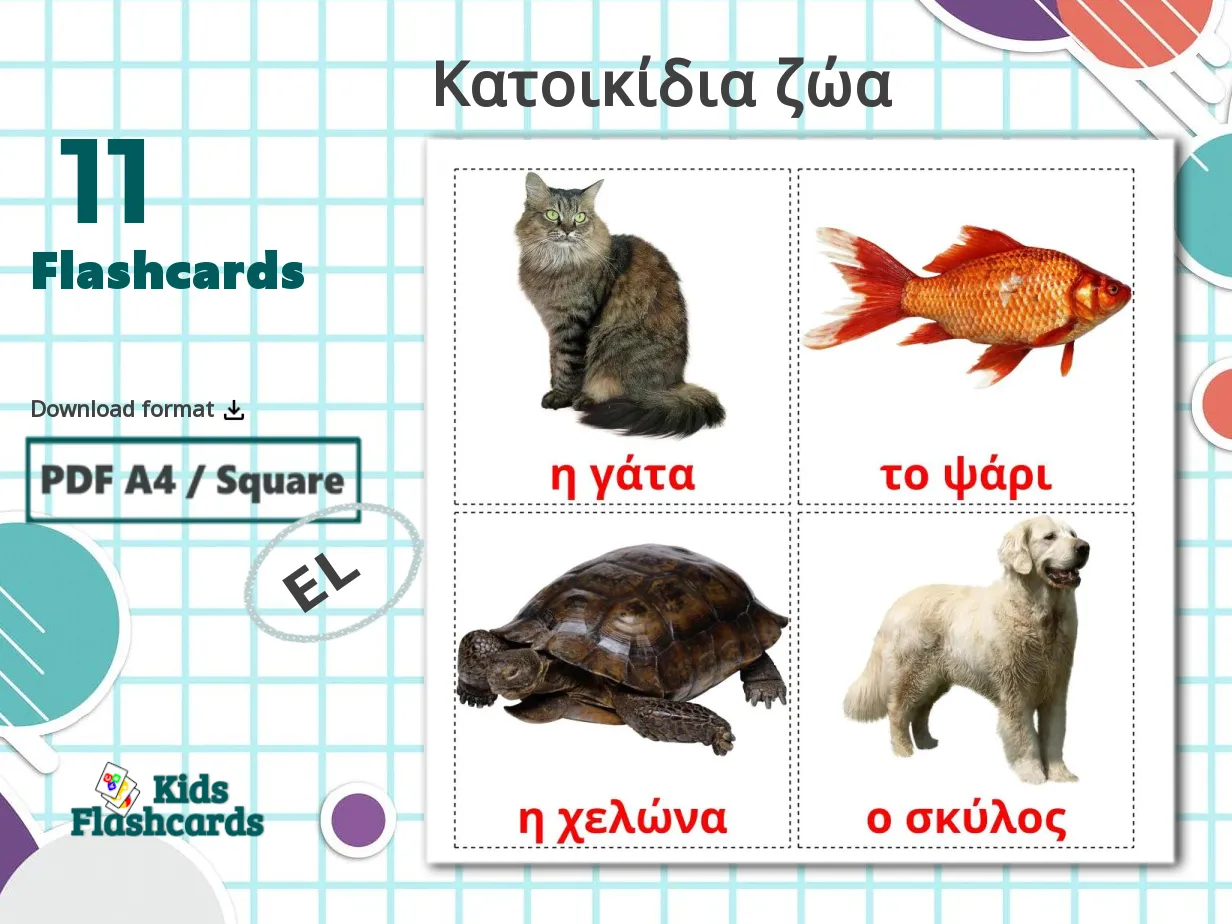 11 Printable Domestic animals Flashcards in Greek (Free PDF)