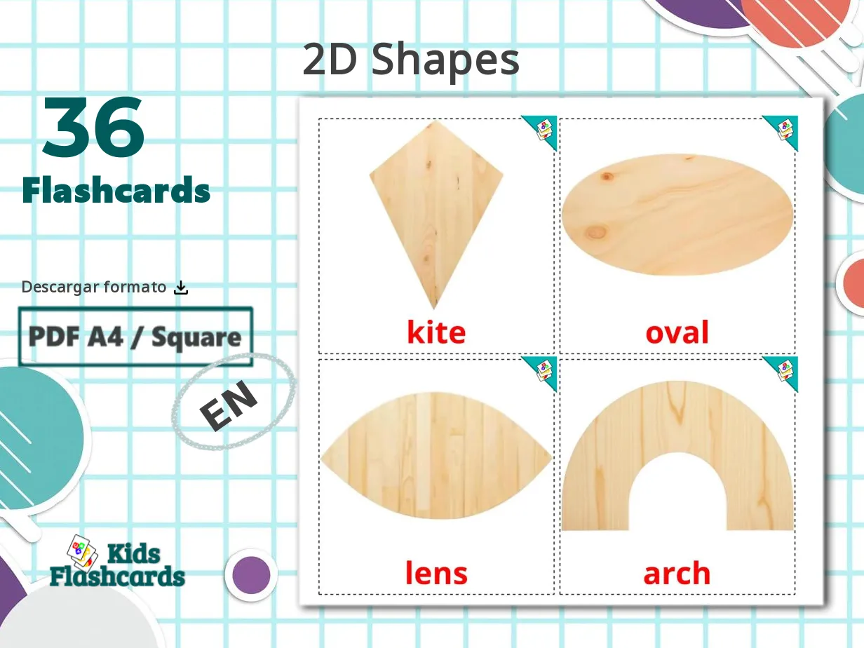 36 Tarjetas de Aprendizaje de Figuras 2D GRATIS en PDF | Imágenes en Inglés