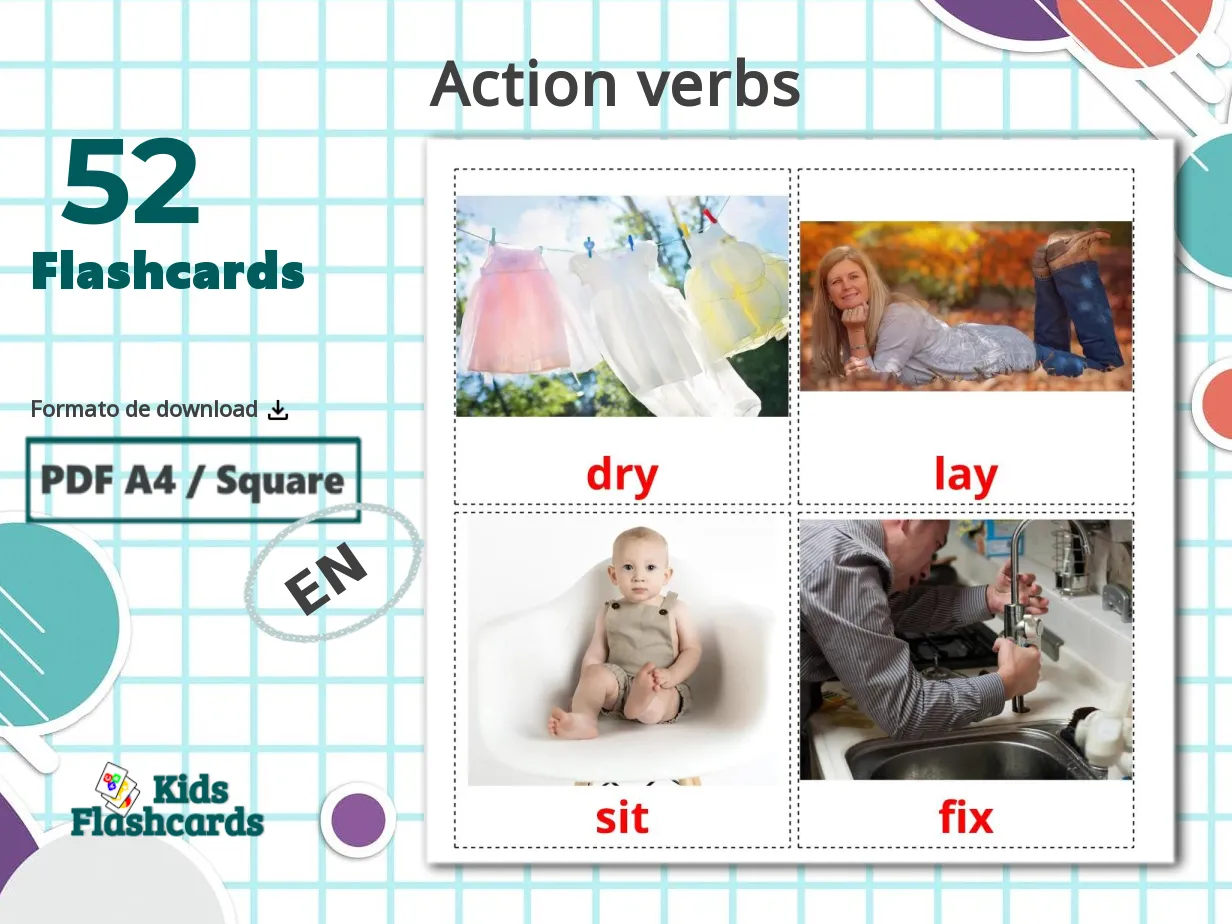 52 Cartões linguagem de Verbos de Ação GRÁTIS em 4 formatos PDF ...