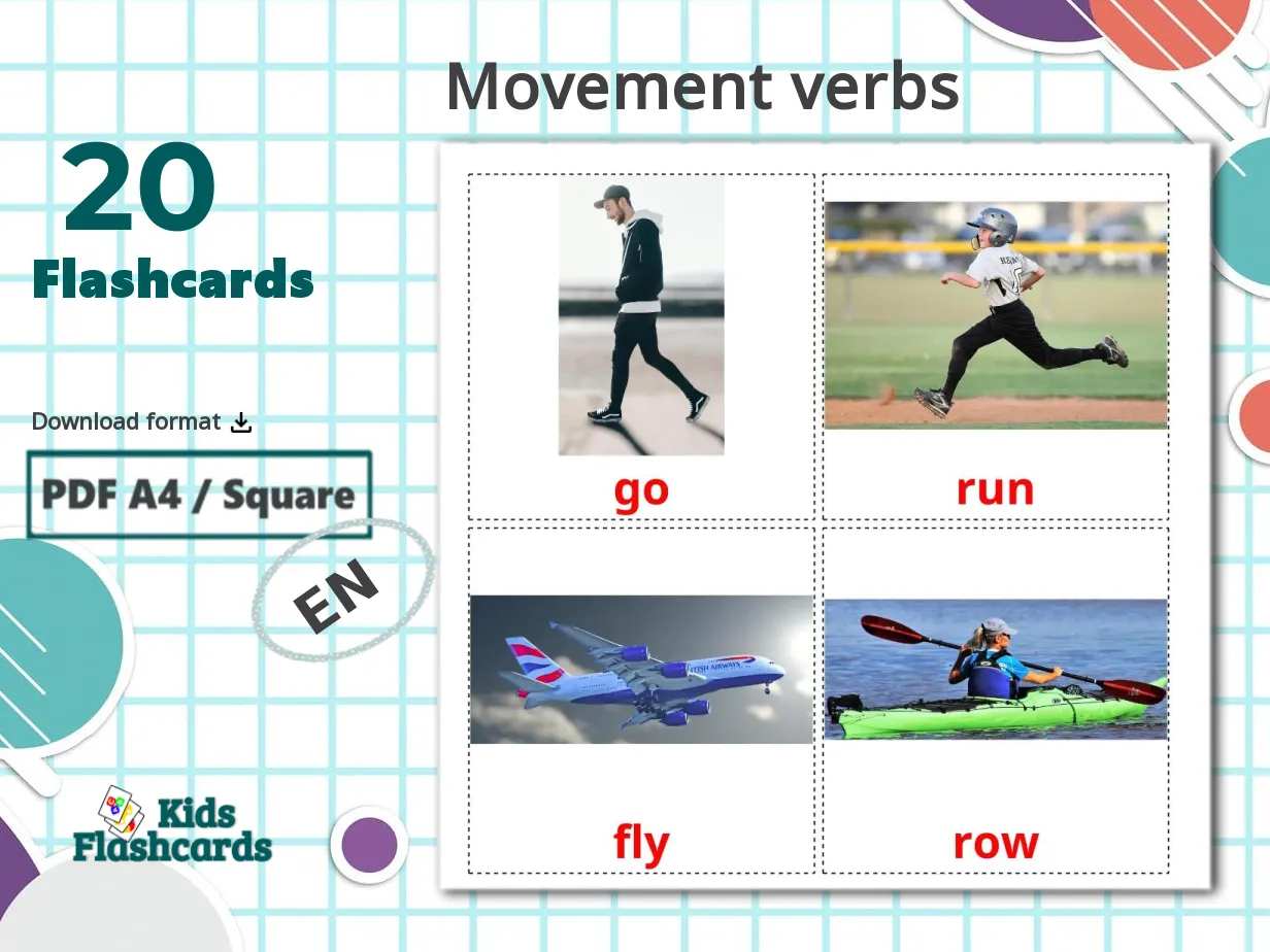 20 Printable Movement verbs Flashcards in English (Free PDF)