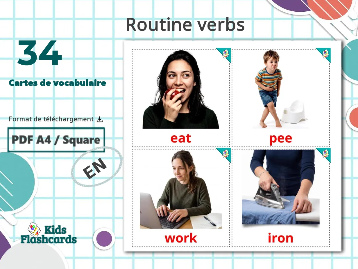 34 Cartes de Vocabulaire pour Enfants GRATUITES Les Verbes de Routine à ...
