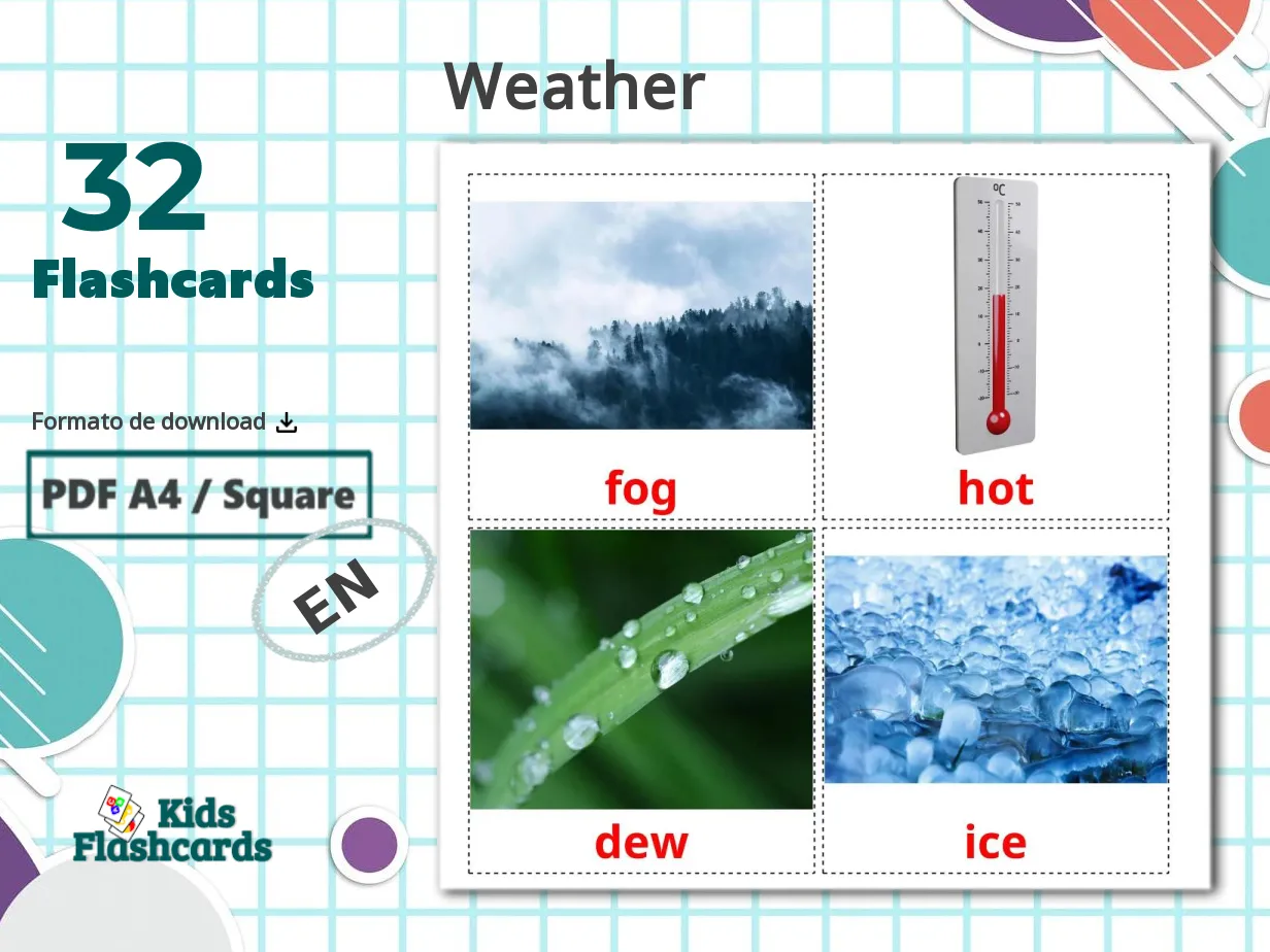 32 Cartões linguagem de Clima GRÁTIS em 4 formatos PDF | Inglês Pictures