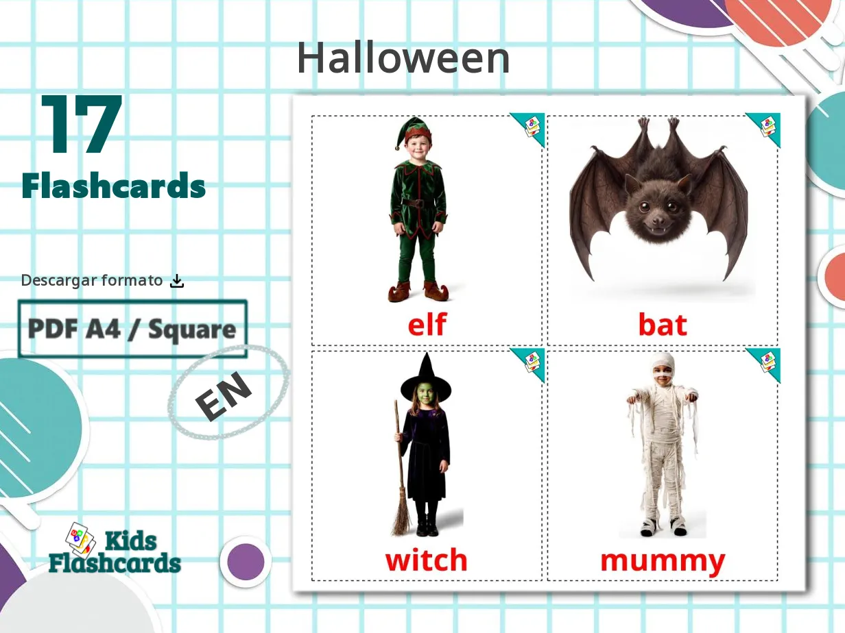 17 Tarjetas de Aprendizaje de Halloween GRATIS en PDF | Imágenes en Inglés