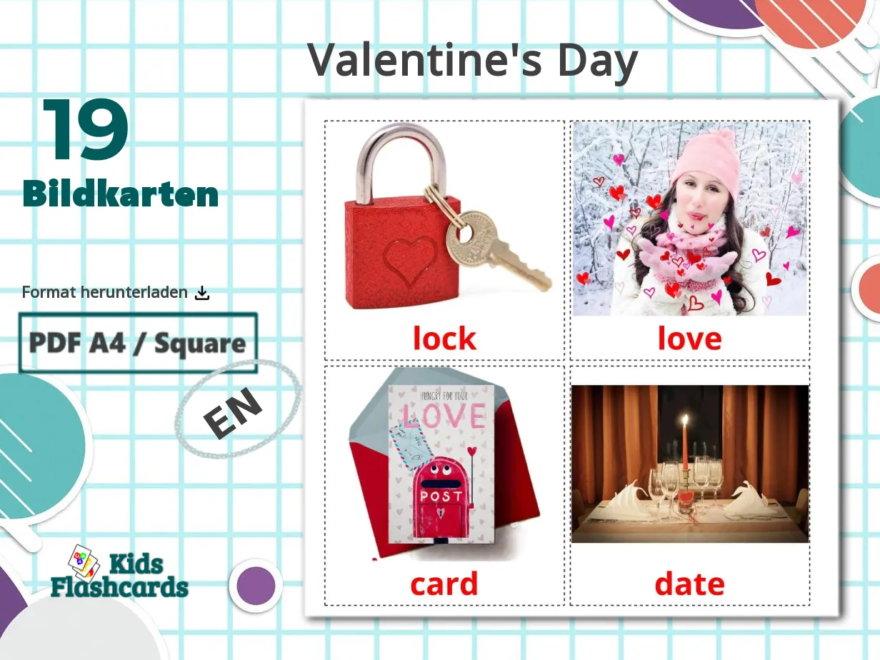 19 Valentinstag Bildkarten in PDF | Englisch Bilder