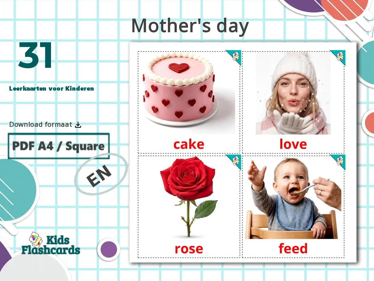 25 GRATIS Moederdag Flashcards in 4 PDF formaten | Engels Afbeeldingen