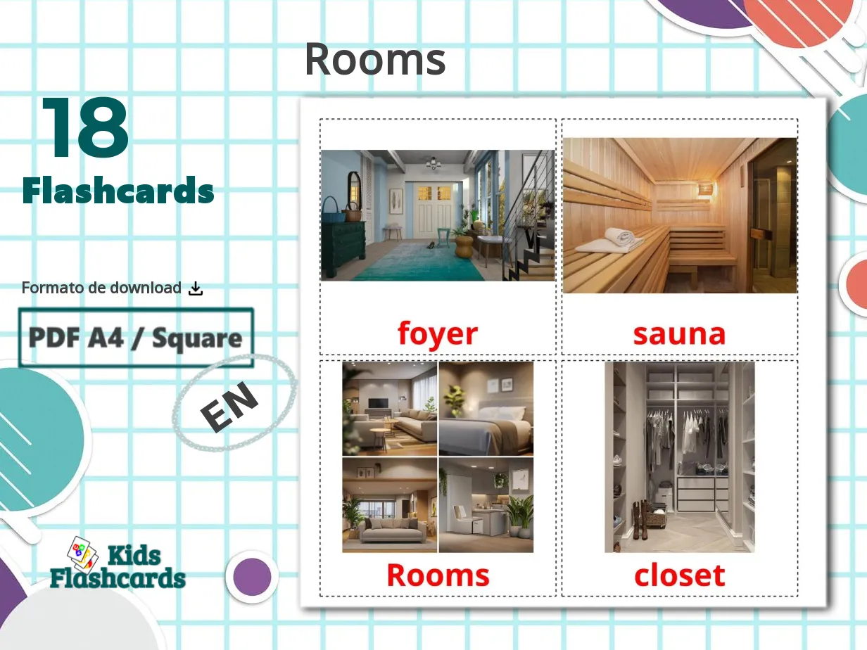 18 Cartões linguagem de Quartos GRÁTIS em 4 formatos PDF | Inglês Pictures