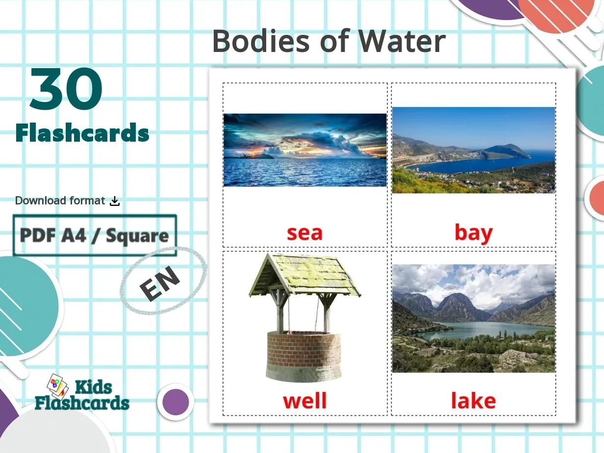 30 Printable Bodies of Water Flashcards in English (Free PDF)