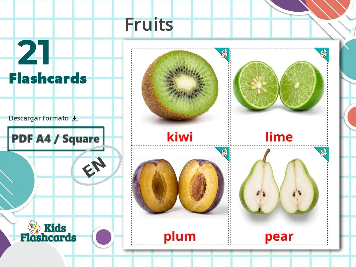 21 Tarjetas de Aprendizaje de Frutas GRATIS en PDF | Imágenes en Inglés