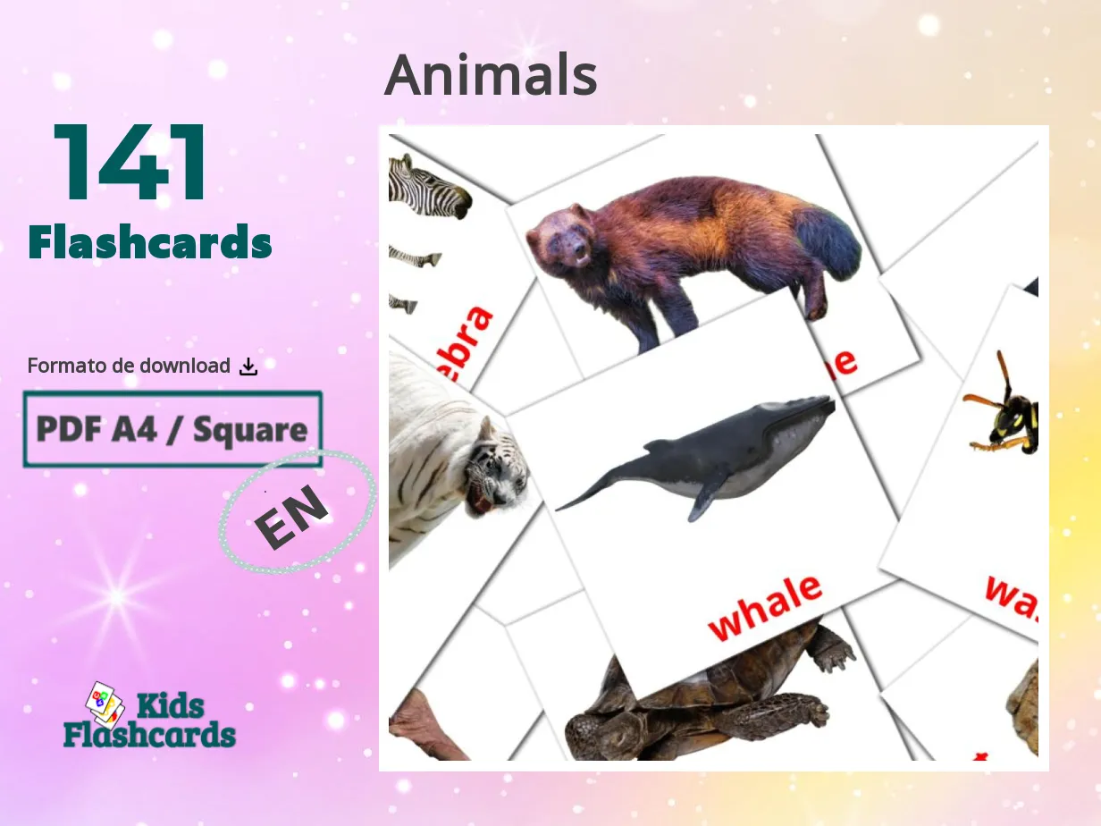 141 Flashcards de Animais GRÁTIS em Inglês | 4 PDFs imprimíveis