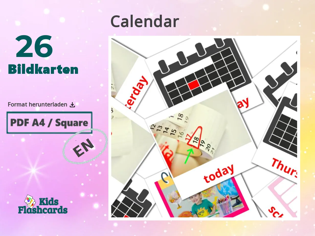 26 Kalender Bildkarten auf Englisch | KOSTENLOSE druckbare PDFs
