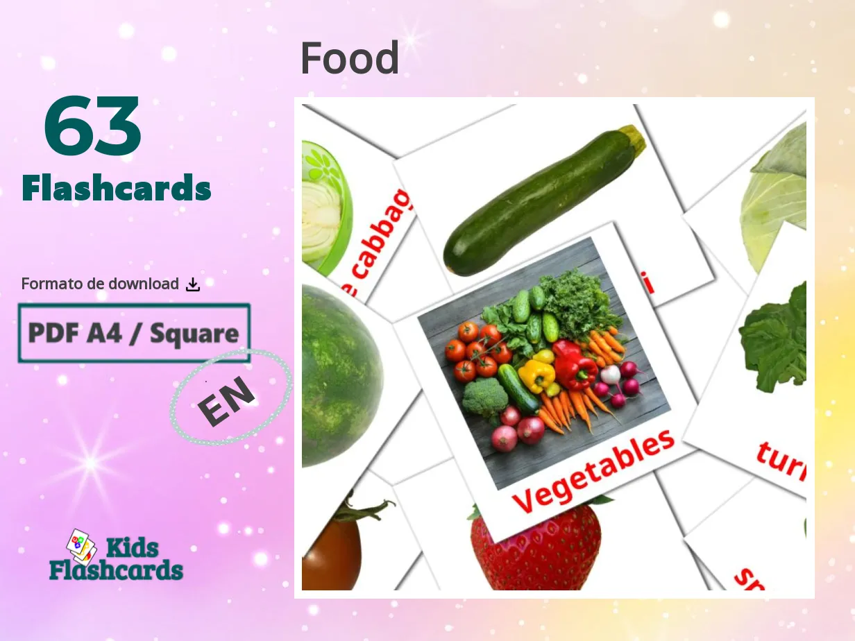 63 Flashcards de Comida GRÁTIS em Inglês | 4 PDFs imprimíveis