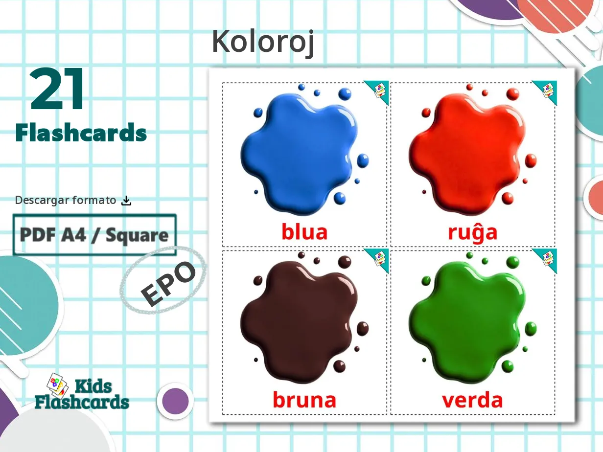21 Tarjetas de Aprendizaje de Colores GRATIS en PDF | Imágenes en Esperanto