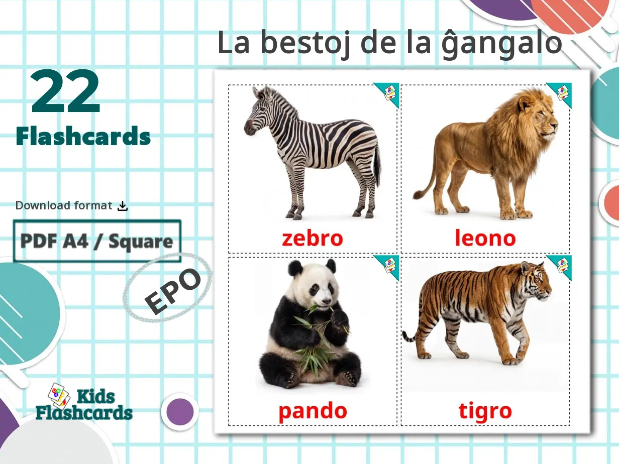 22 Printable Jungle animals Flashcards in Esperanto (Free PDF)