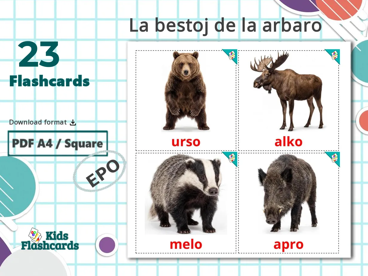 23 Printable Forest animals Flashcards in Esperanto (Free PDF)