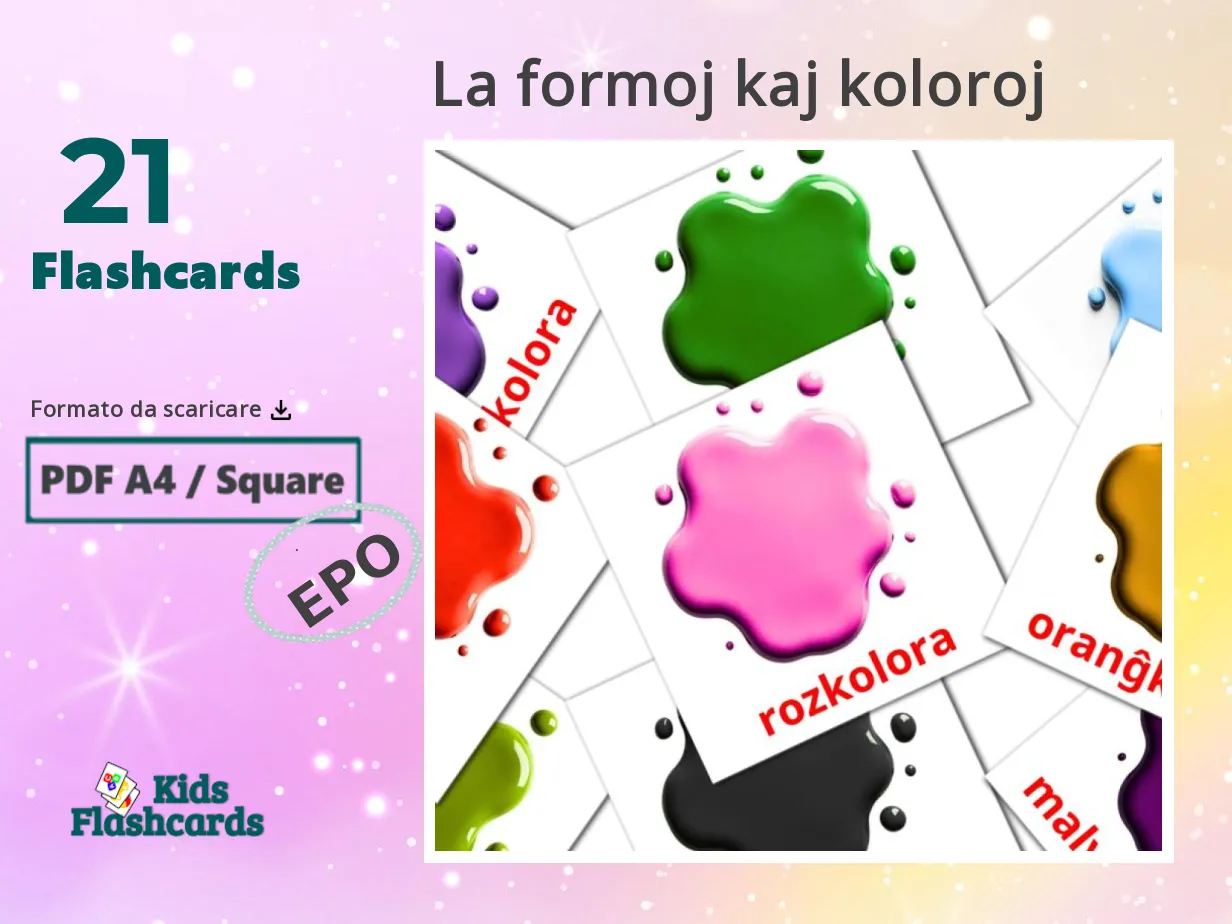21 Flashcard GRATUITE sugli Colori e forme in Esperanto | 4 PDF Stampabili