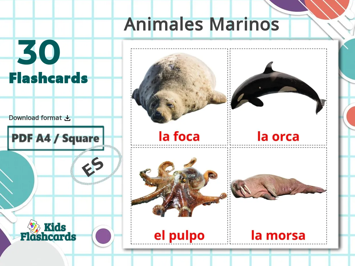 30 Printable Sea animals Flashcards in Spanish (Free PDF)