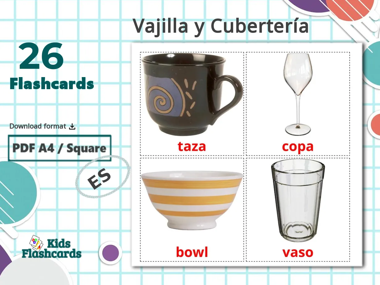 26 Printable Crockery and cutlery Flashcards in Spanish (Free PDF)