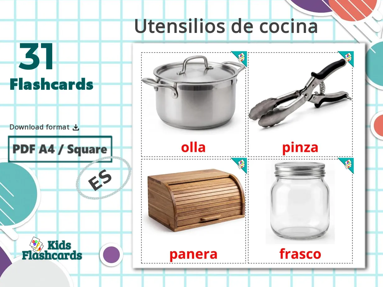 31 Printable Kitchenware Flashcards in Spanish (Free PDF)
