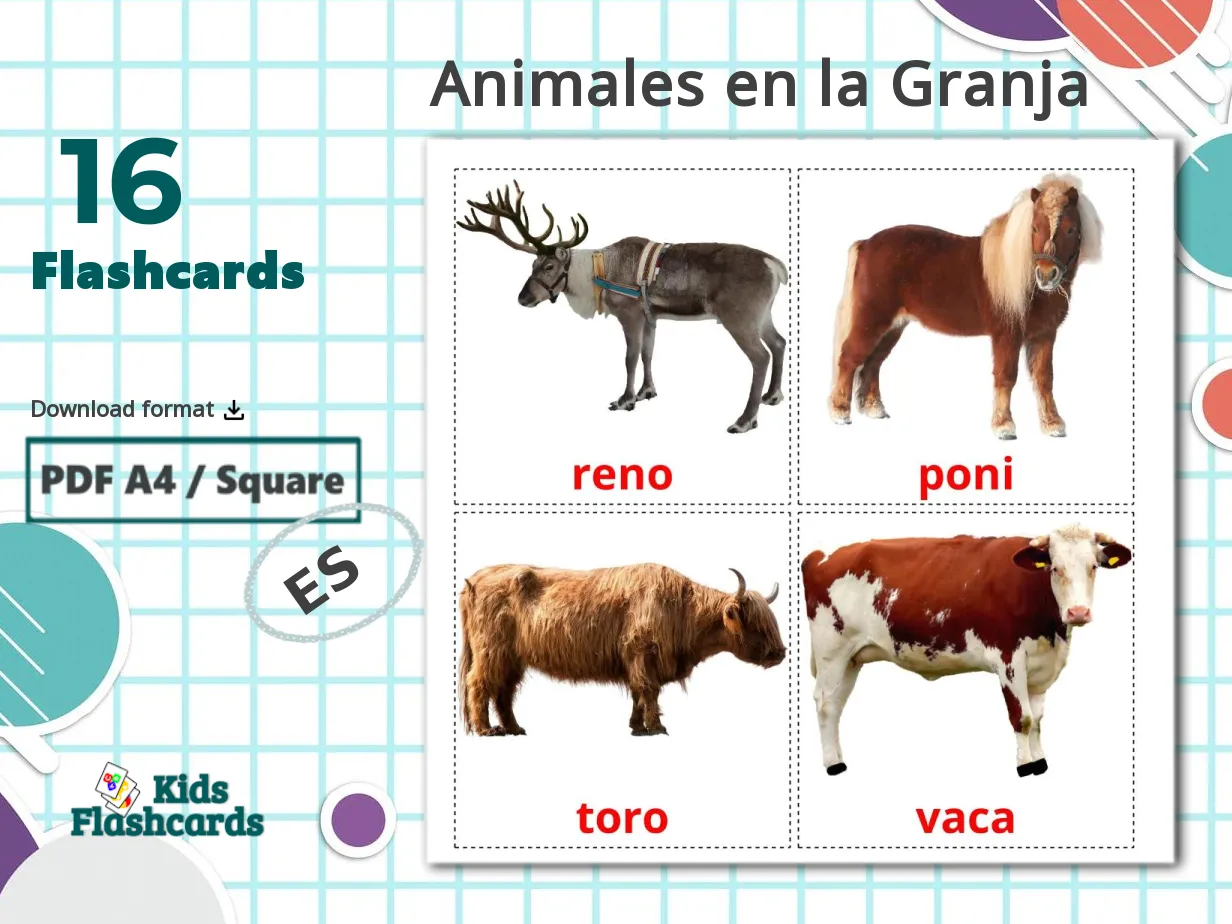 16 Printable Farm animals Flashcards in Spanish (Free PDF)