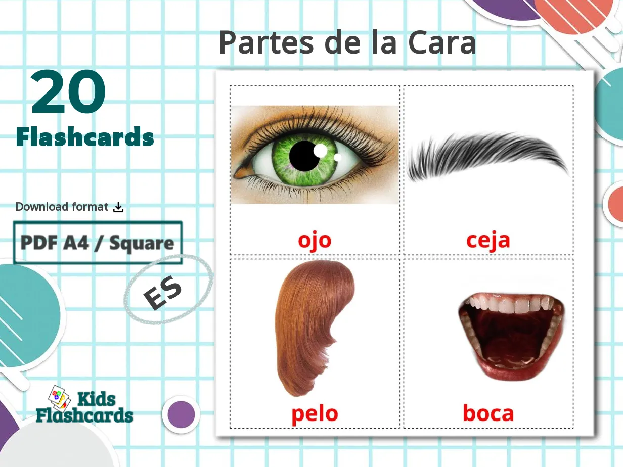 20 Printable Face Flashcards in Spanish (Free PDF)