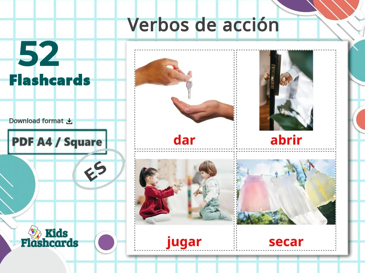 52 Printable Action verbs Flashcards in Spanish (Free PDF)