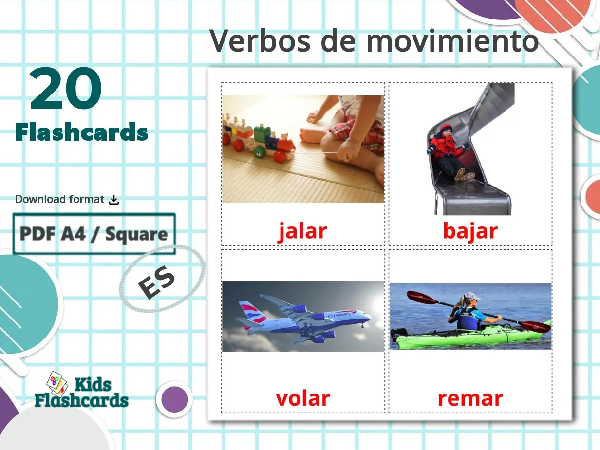 20 Printable Movement verbs Flashcards in Spanish (Free PDF)