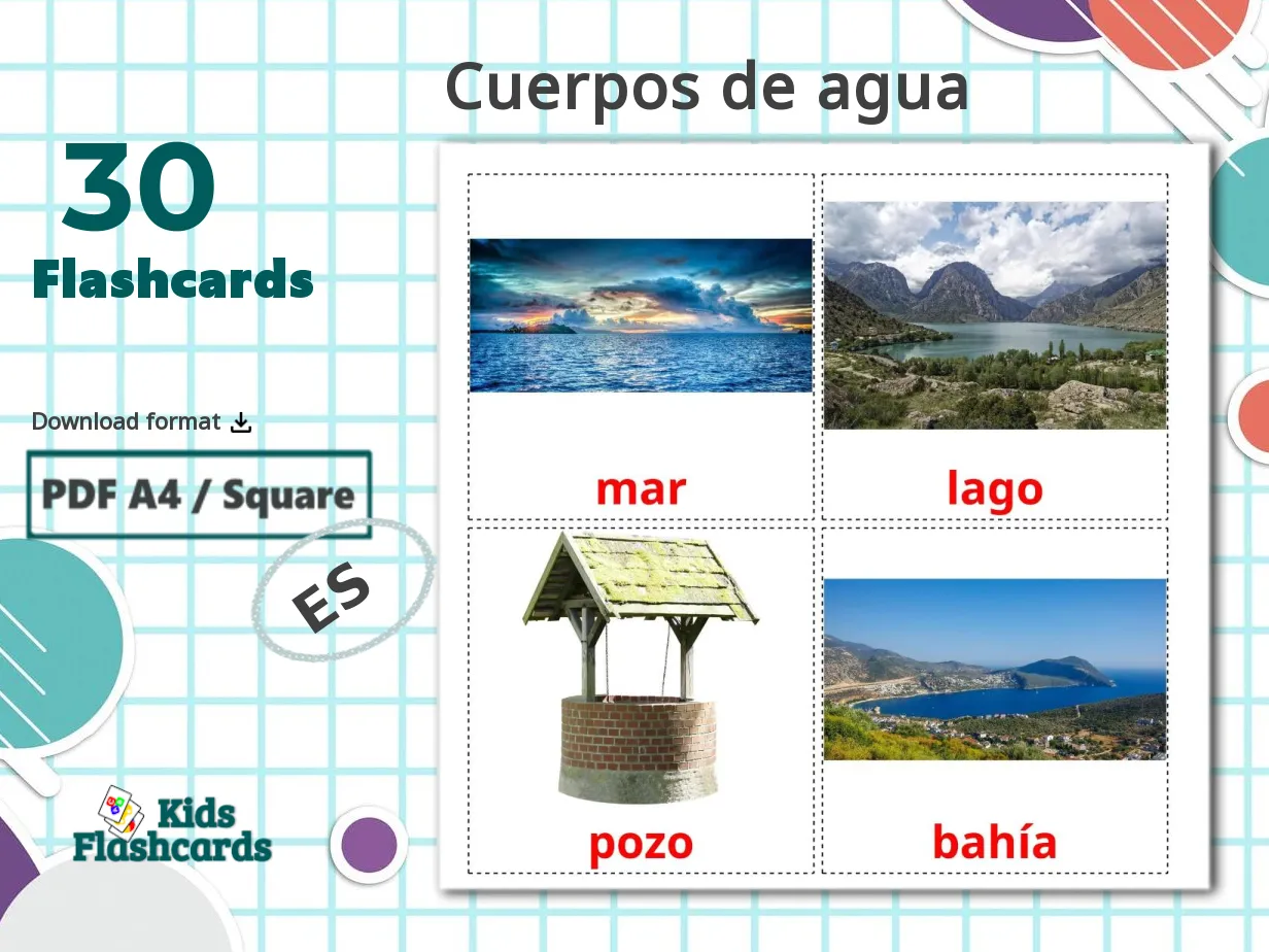 30 Printable Bodies of Water Flashcards in Spanish (Free PDF)