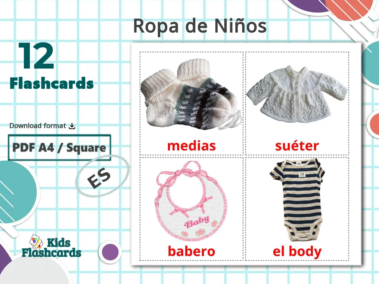 12 Printable Baby clothes Flashcards in Spanish (Free PDF)