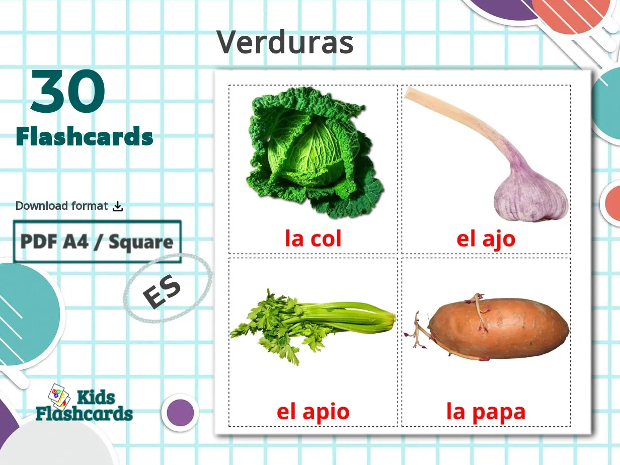 30 Printable Vegetables Flashcards in Spanish (Free PDF)