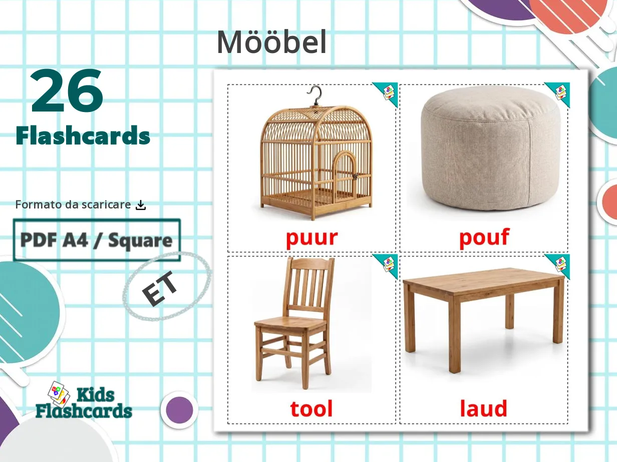 26 Flashcard GRATUITE sui Mobilia in 4 Formati PDF | Immagini in Estone