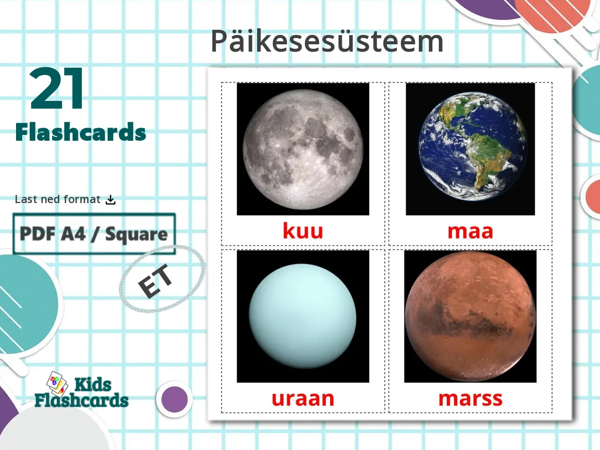 21 GRATIS Solsystemet bildekort i 4 PDF-formater | bilder på Estonisk