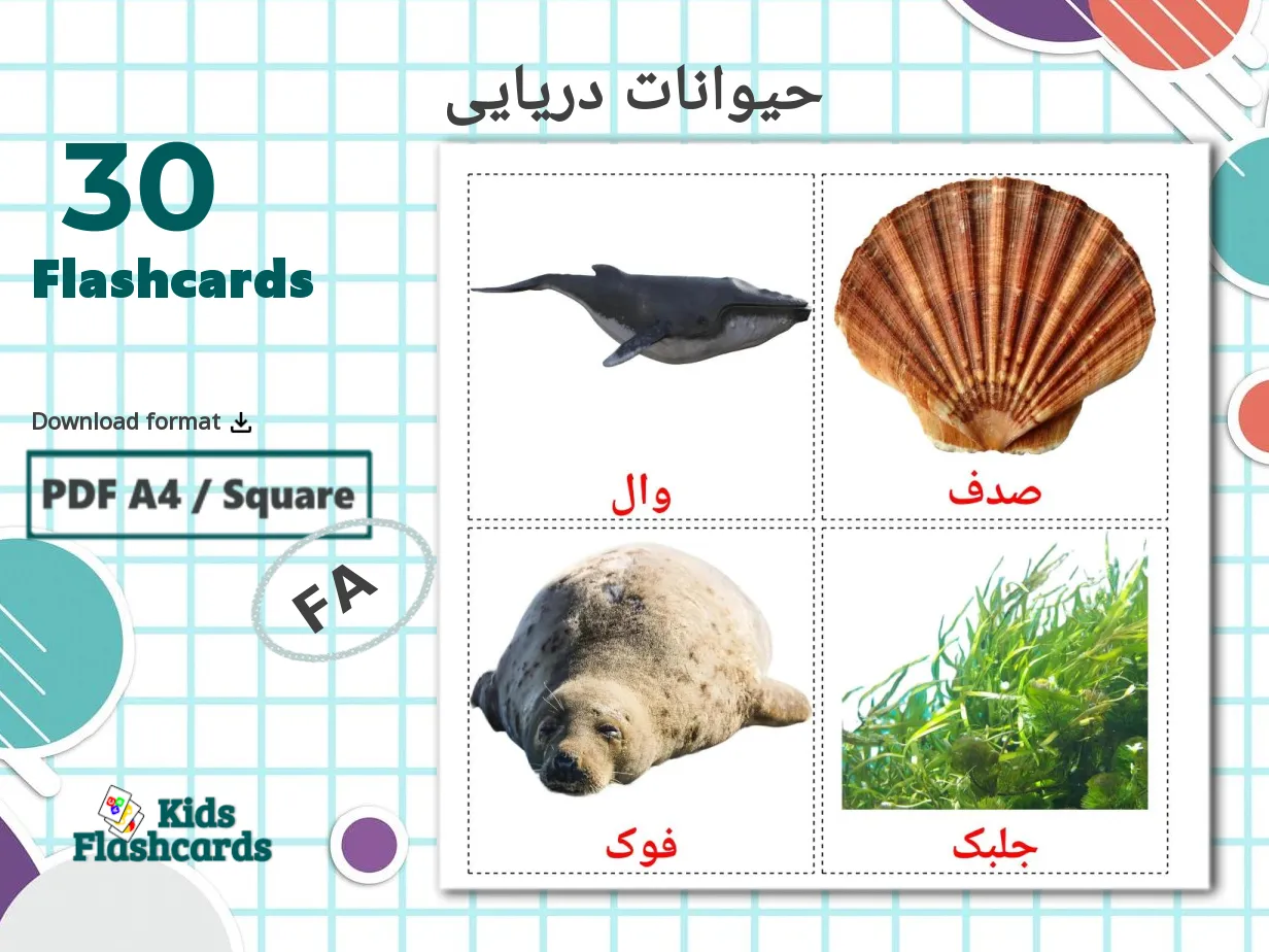 30 Printable Sea animals Flashcards in Persian (Free PDF)