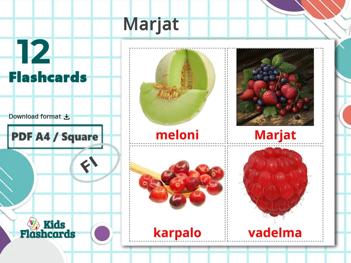 12 Printable Berries Flashcards in Finnish (Free PDF)