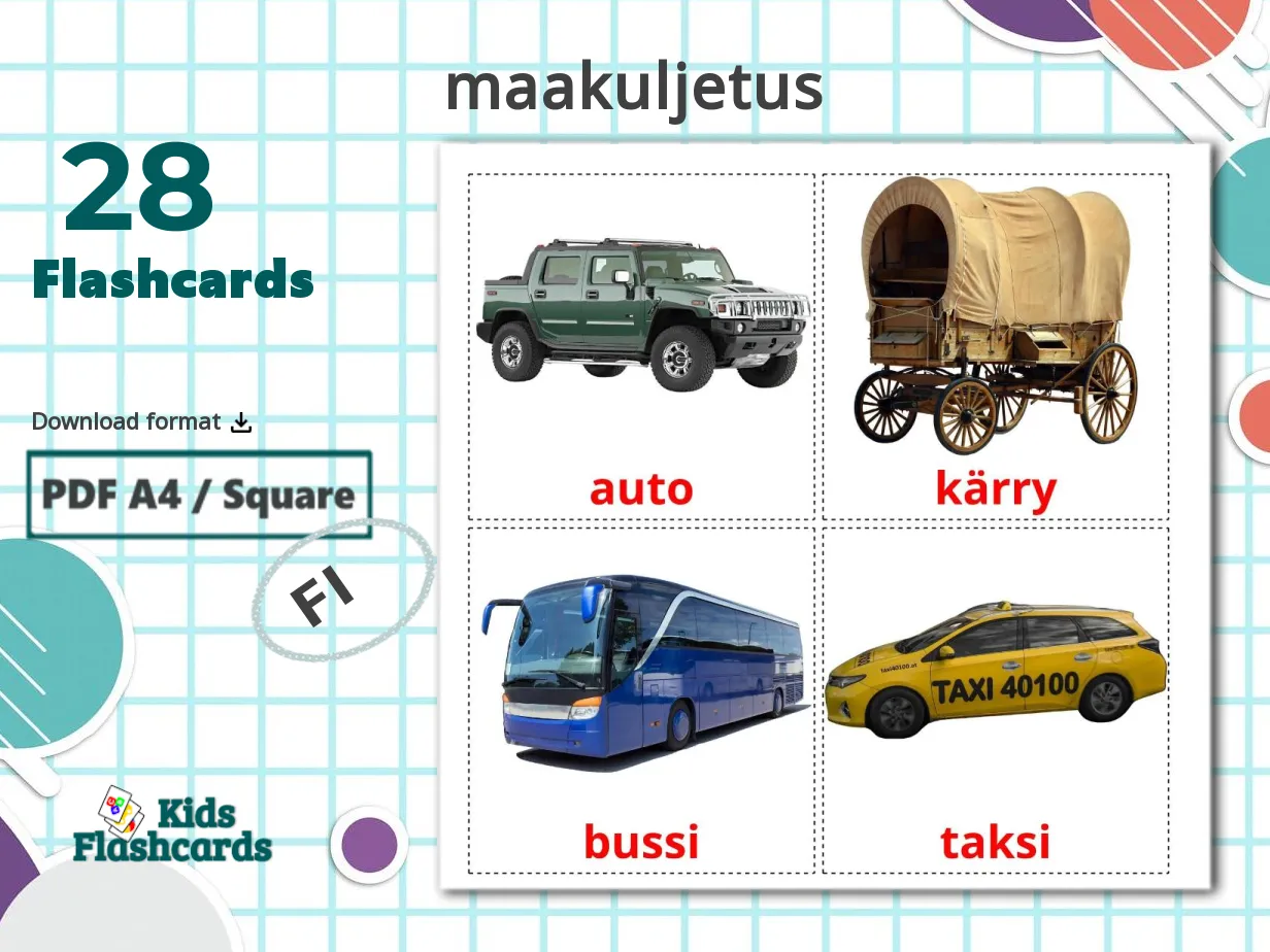 28 Printable Land transport Flashcards in Finnish (Free PDF)