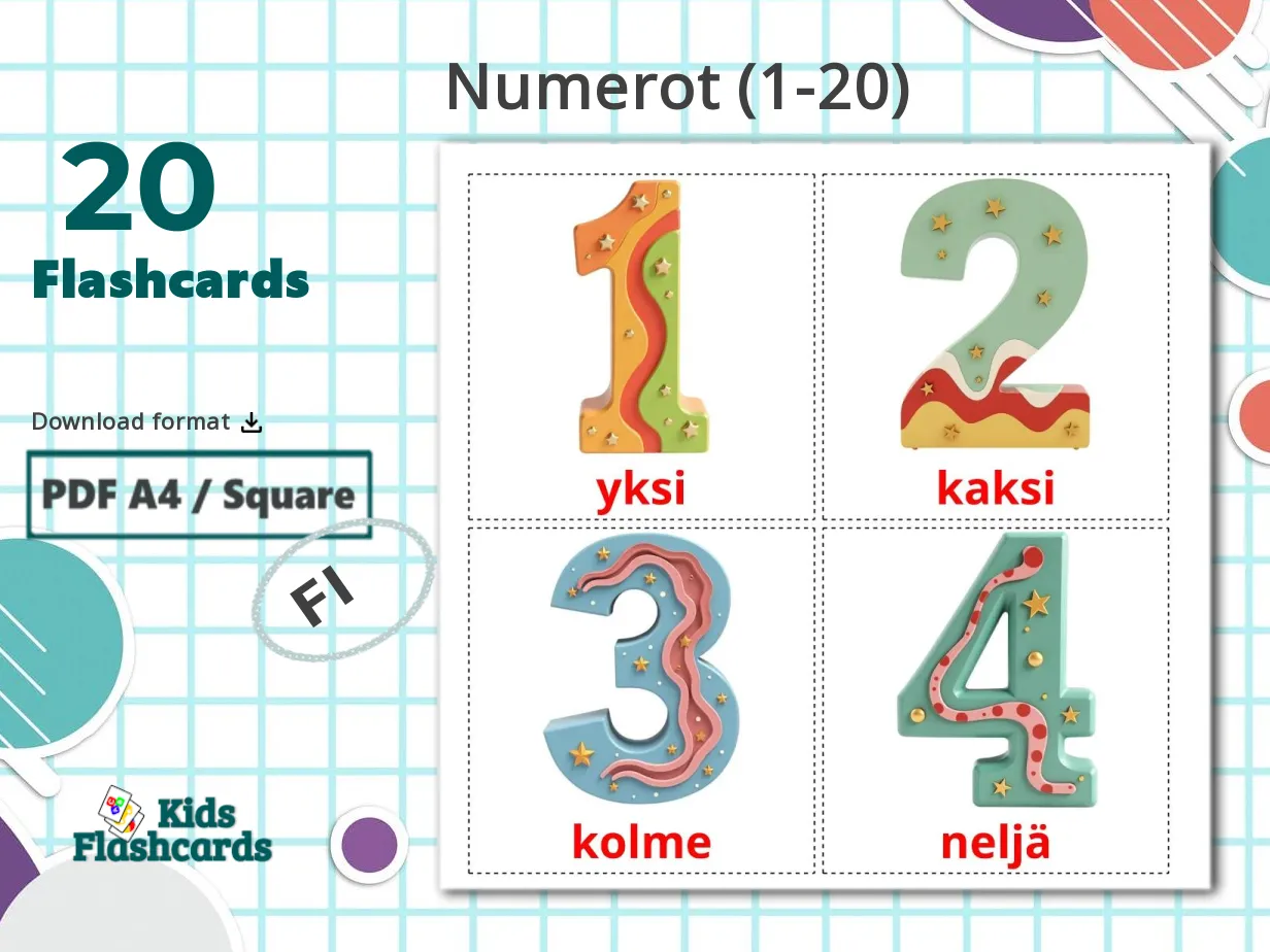 20 Printable Numbers (1-20) Flashcards in Finnish (Free PDF)