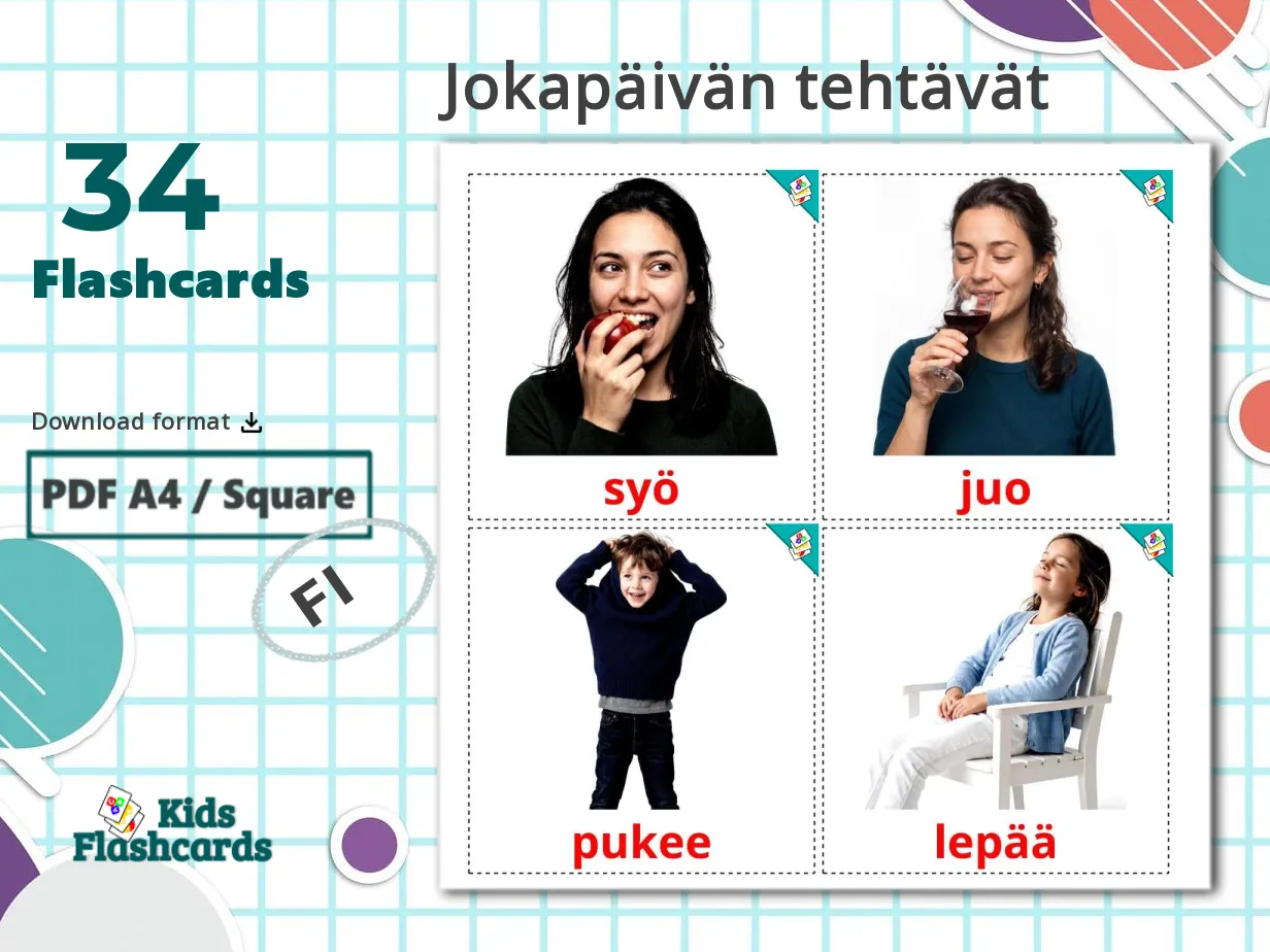 34 Printable Routine verbs Flashcards in Finnish (Free PDF)