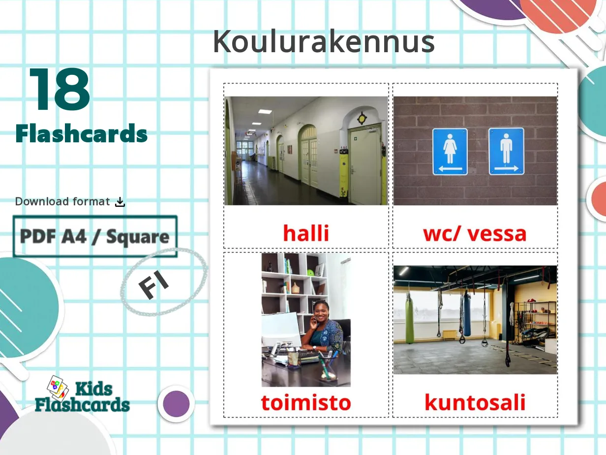 18 Printable School building Flashcards in Finnish (Free PDF)