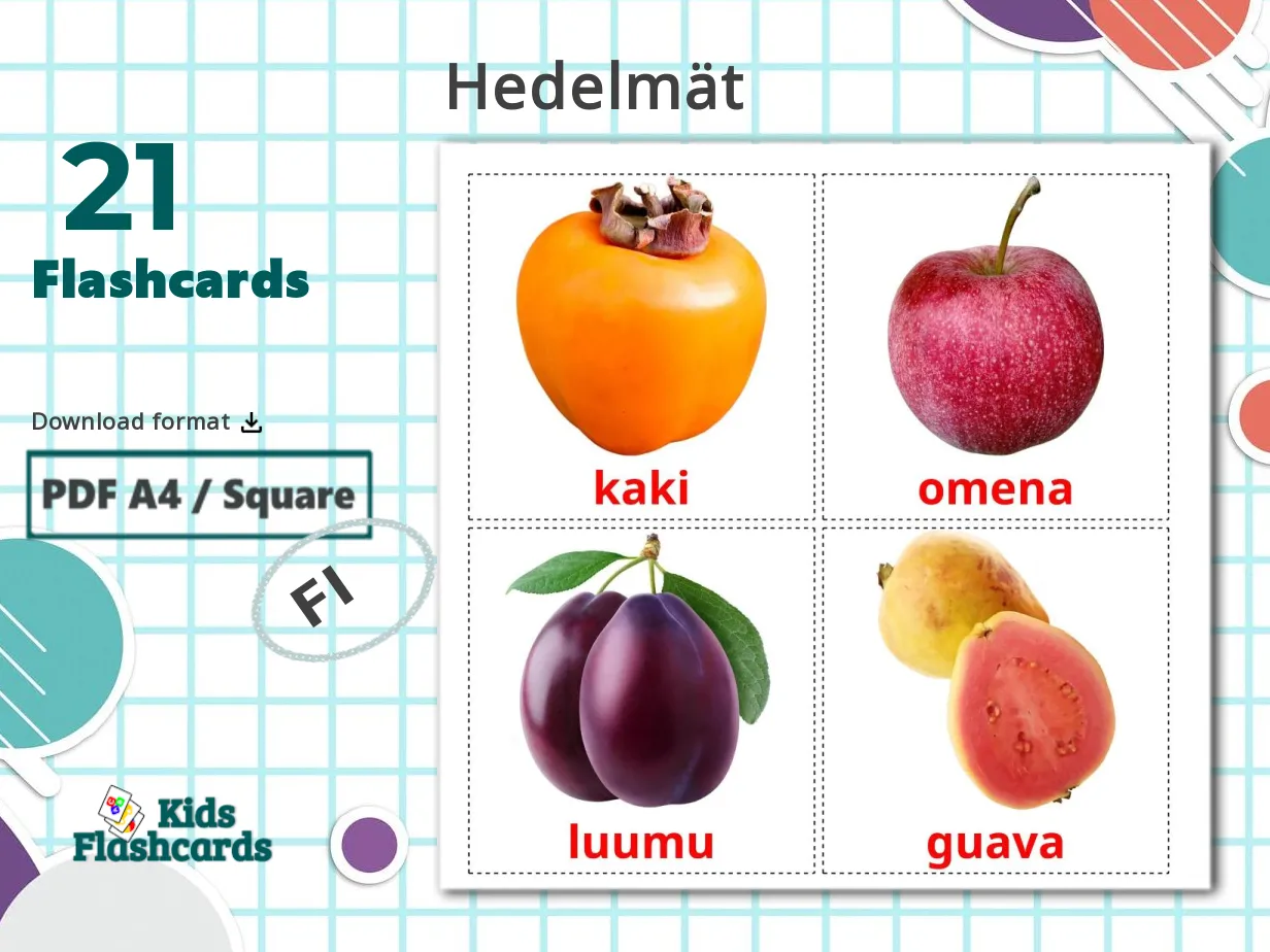 21 Printable Fruits Flashcards in Finnish (Free PDF)
