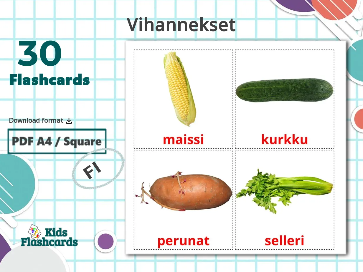 30 Printable Vegetables Flashcards in Finnish (Free PDF)