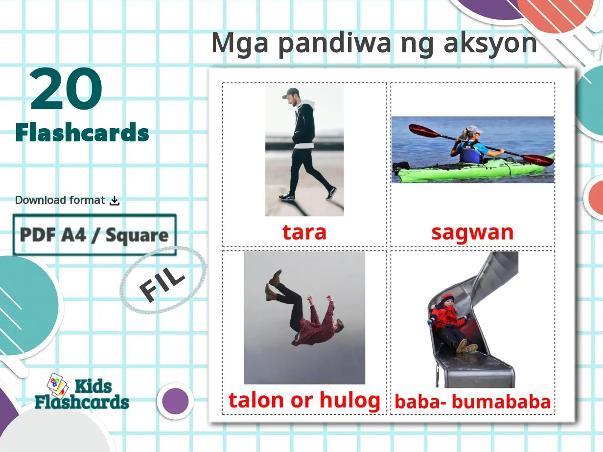 20 Printable Movement verbs Flashcards in Filipino (Free PDF)