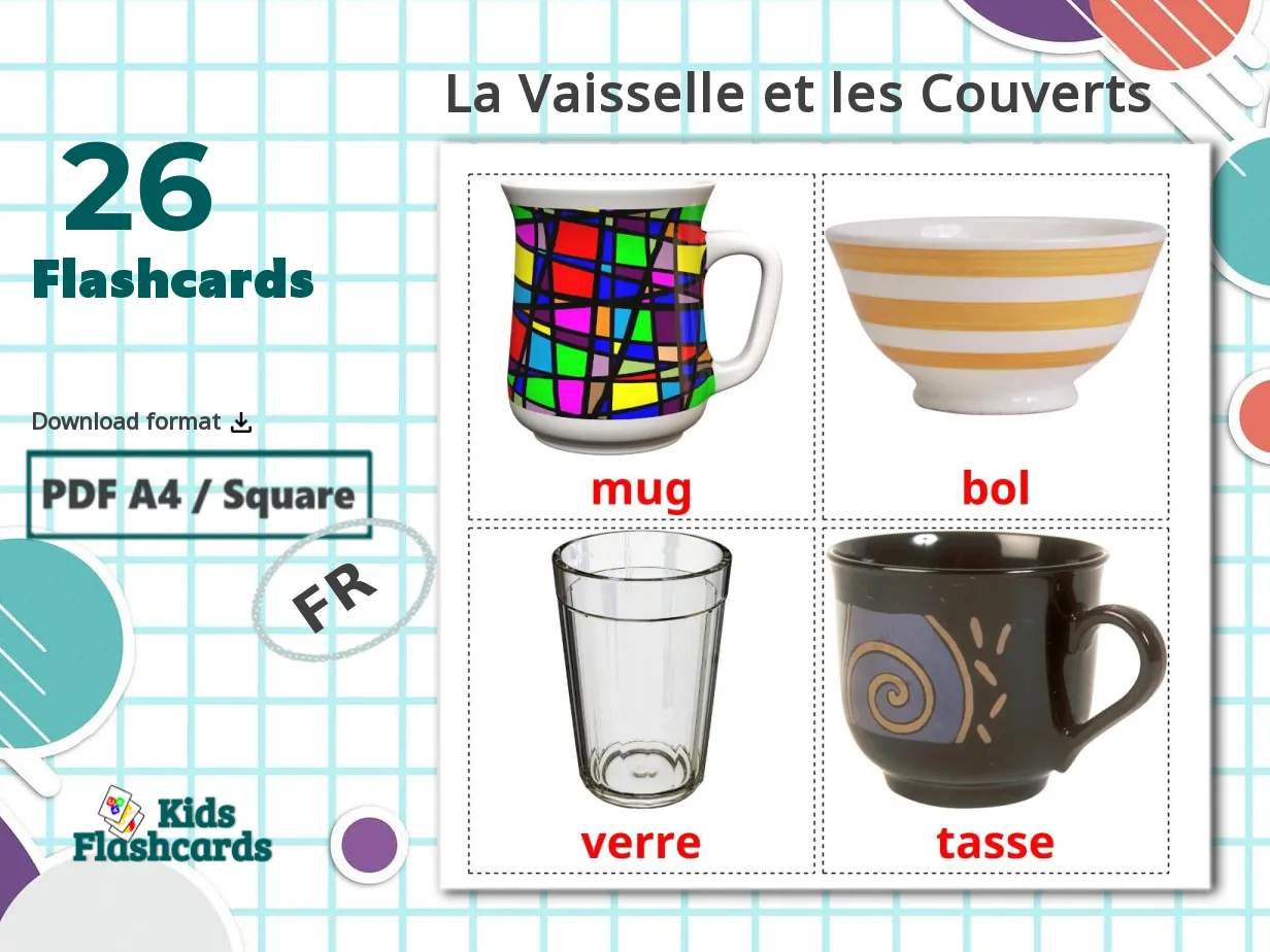 26 Printable Crockery and cutlery Flashcards in French (Free PDF)