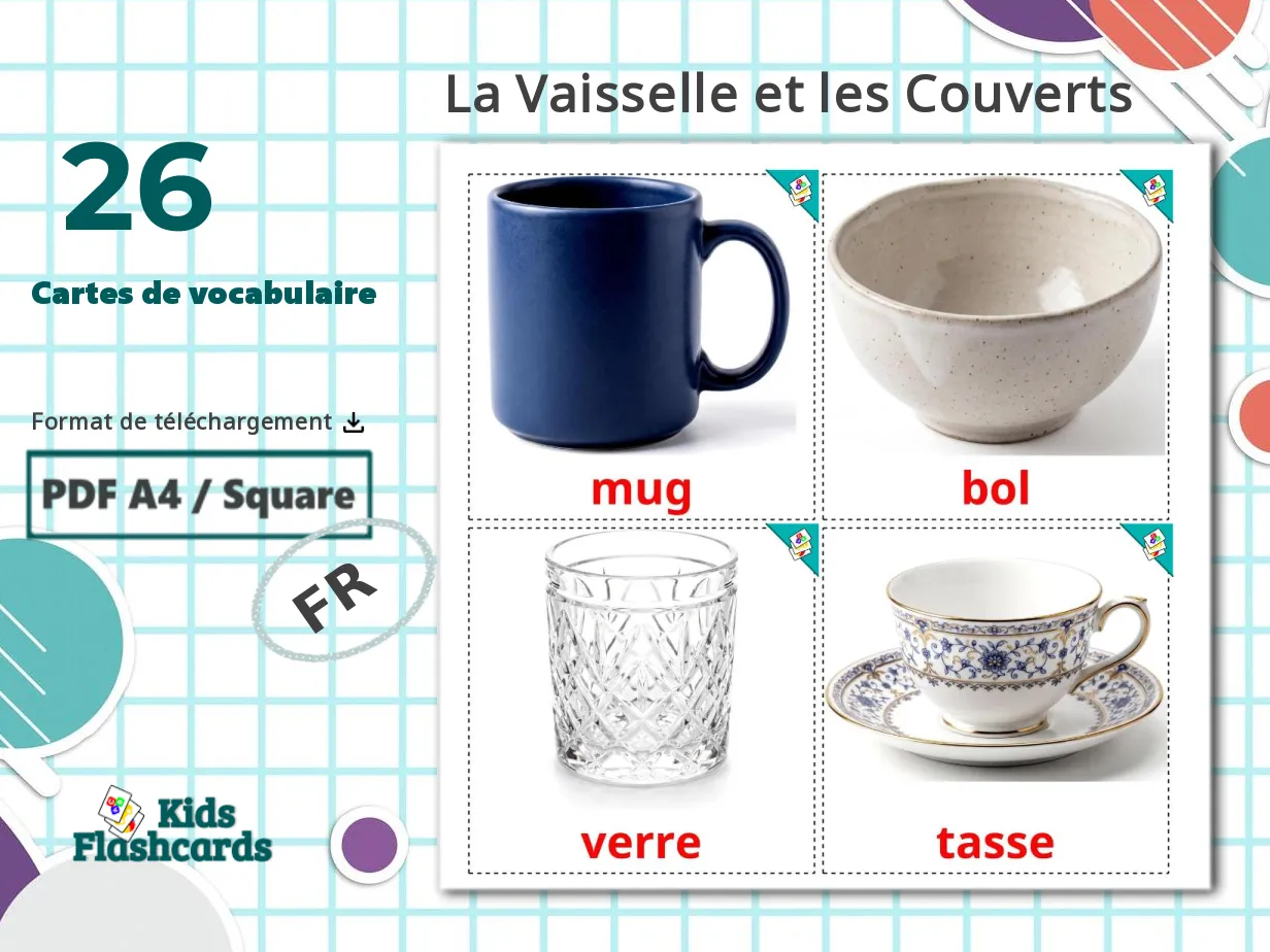 26 Cartes de Vocabulaire pour Enfants GRATUITES La Vaisselle et les ...