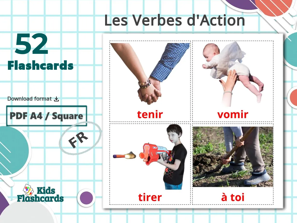 52 Printable Action verbs Flashcards in French (Free PDF)